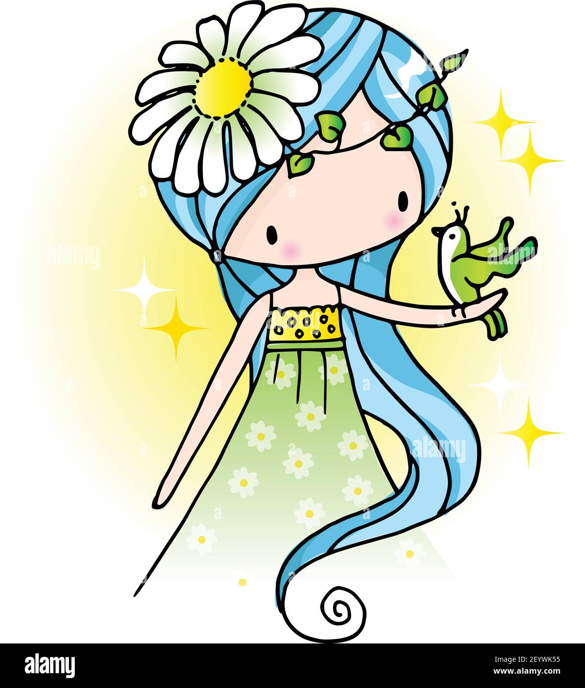 vector cartoon girl hold green bird Stock Vector Image & Art - Alamy