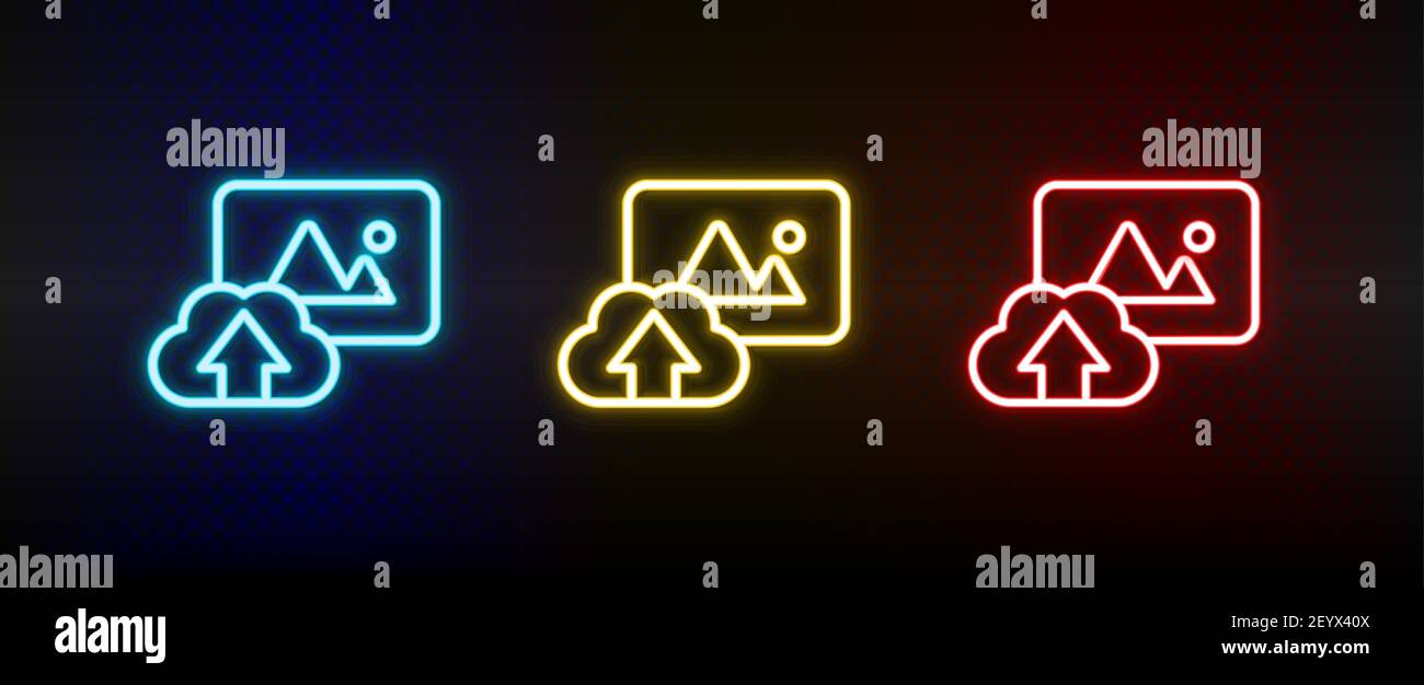 photo, cloud, upload neon icon set. Set of red, blue, yellow neon ...