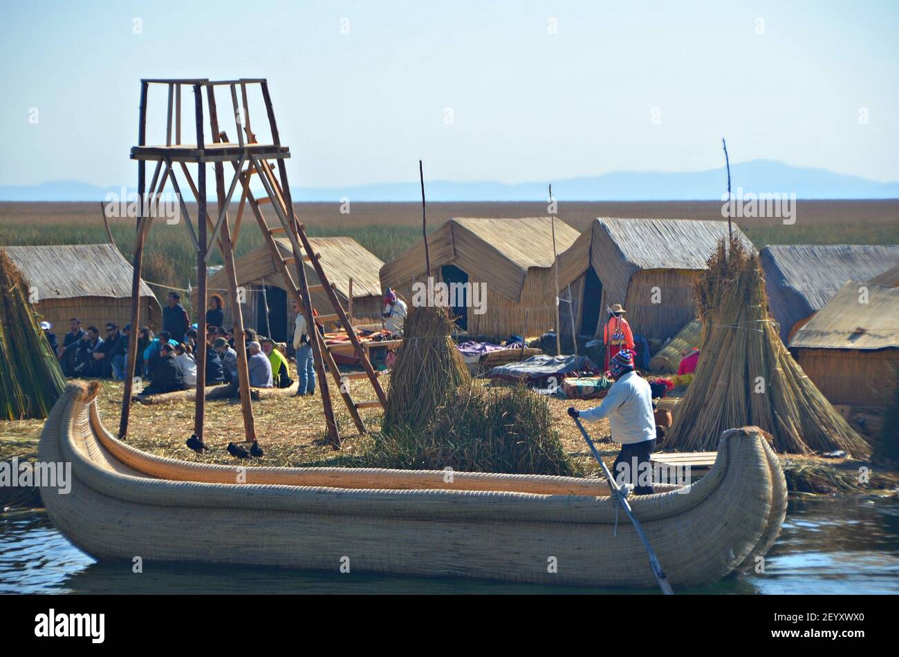 Indigenous Uru people on a self fashioned floating island with their ...