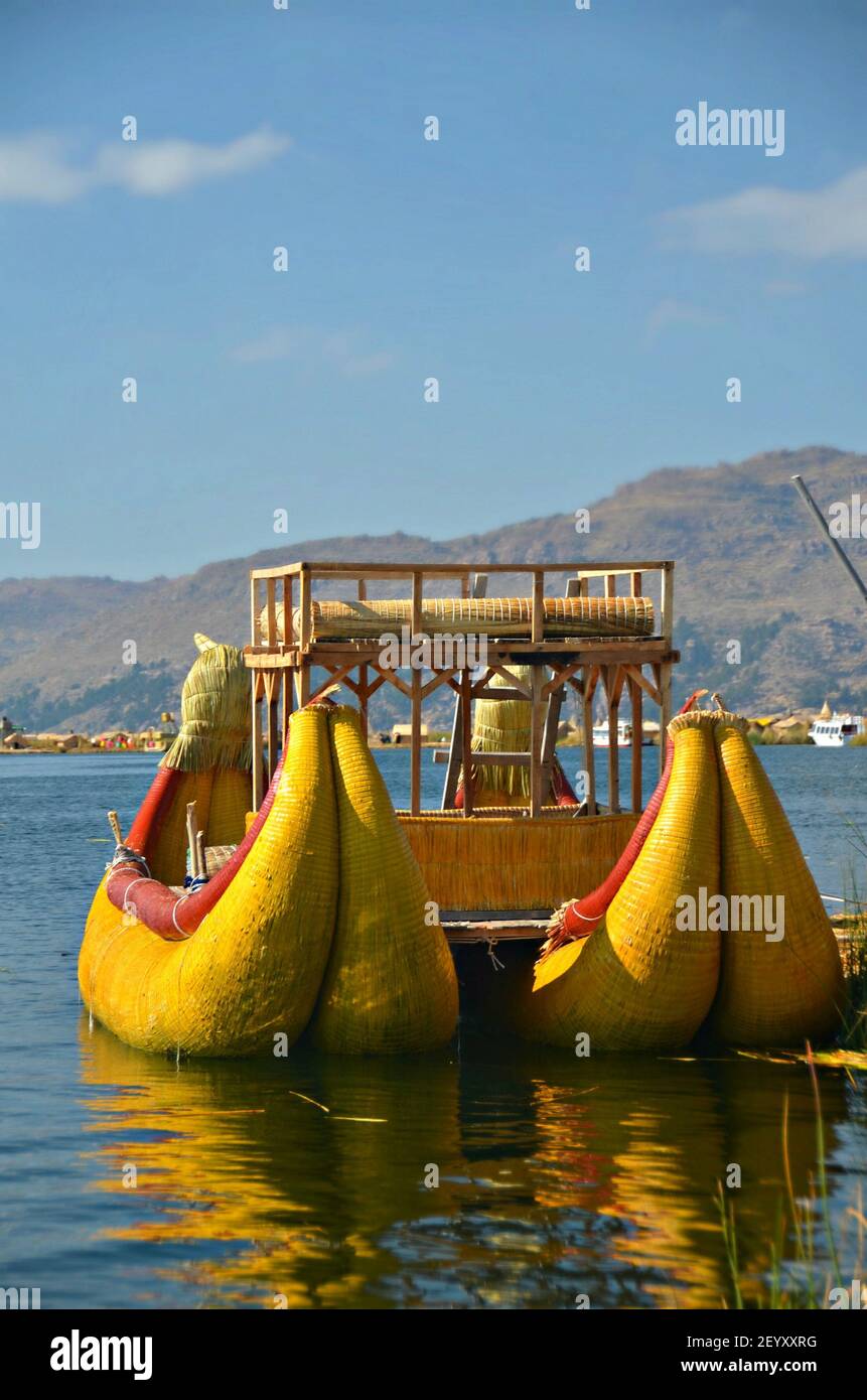 Traditional handcrafted Totora reed boat on Lake Titicaca in Puno Peru ...