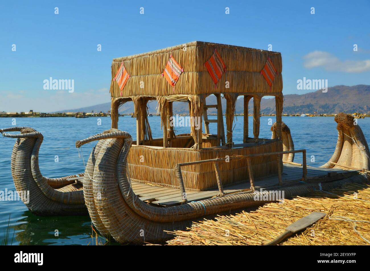 Traditional handcrafted Totora reed boat on Lake Titicaca in Puno Peru ...