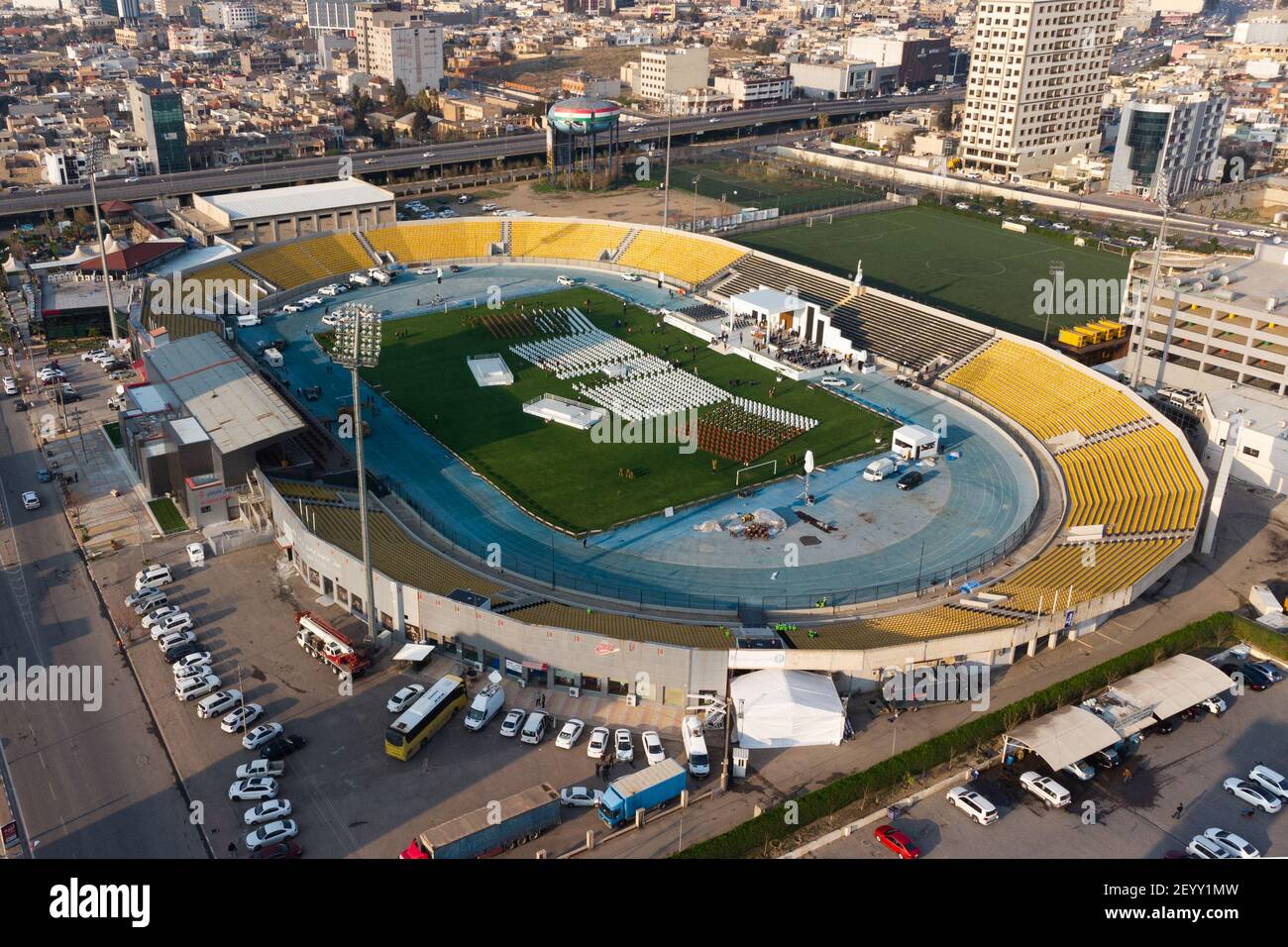 Erbil, Iraq. 06th Mar, 2021. An aerial view shows Erbil's Franso Hariri ...