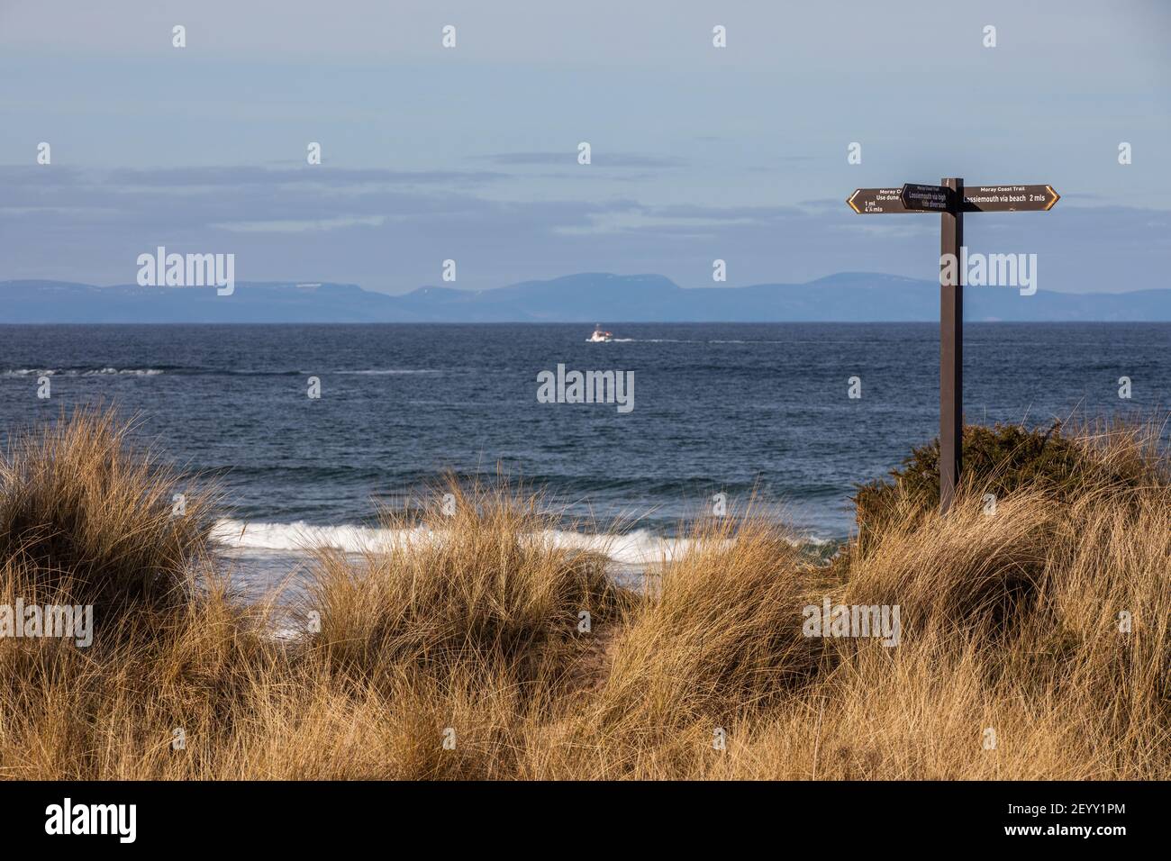 Signs for the Moray Coast Trail at Cove Bay near Elgin, Scotland ...