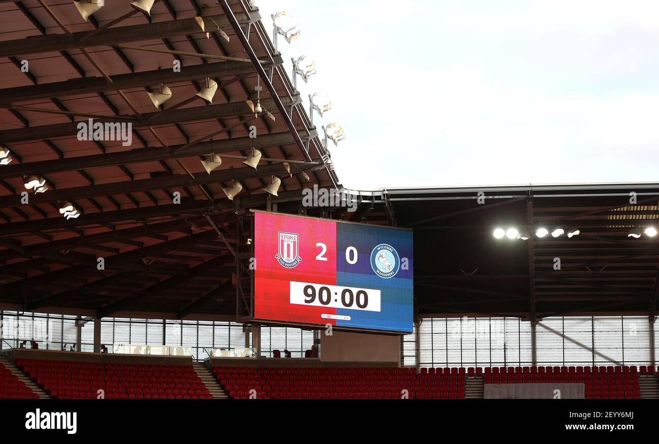 The scoreboard showing the final score inside an empty stadium after ...