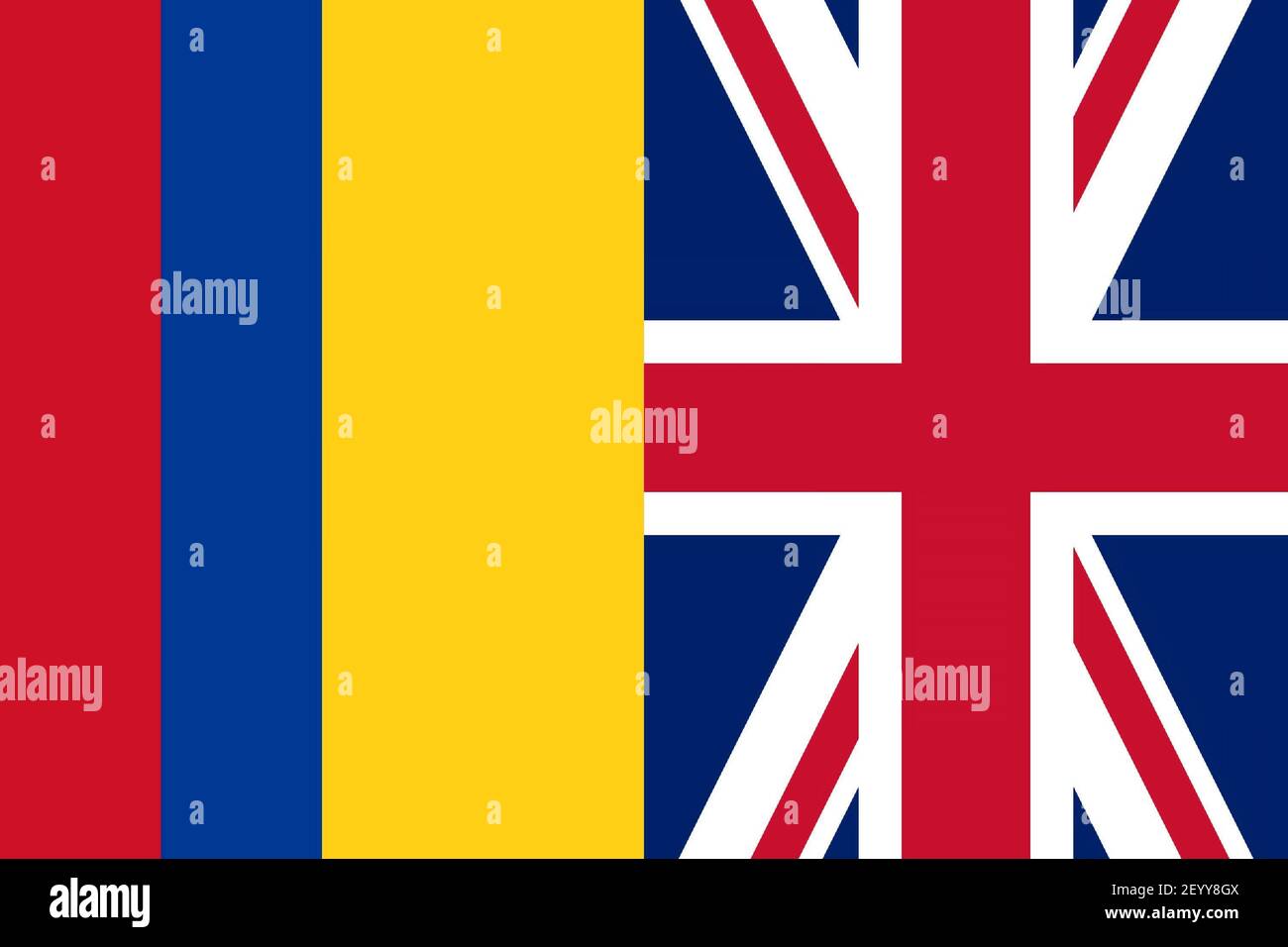 A closeup of Colombia and United Kingdom vertical National flags in the ...