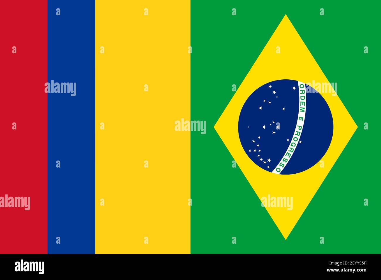 A closeup of Colombia and Brazil vertical National flags in the ...