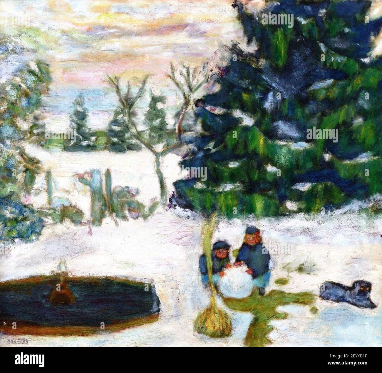 Pierre Bonnard Snow Ball, Children and Dog in the Garden at Grand-Lemps ...