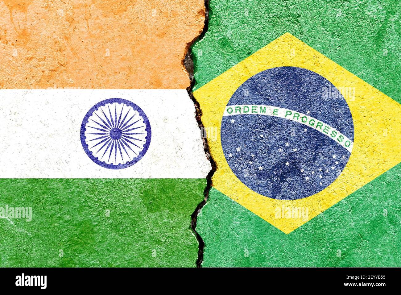A closeup of India versus Brazil vertical National flags in the ...