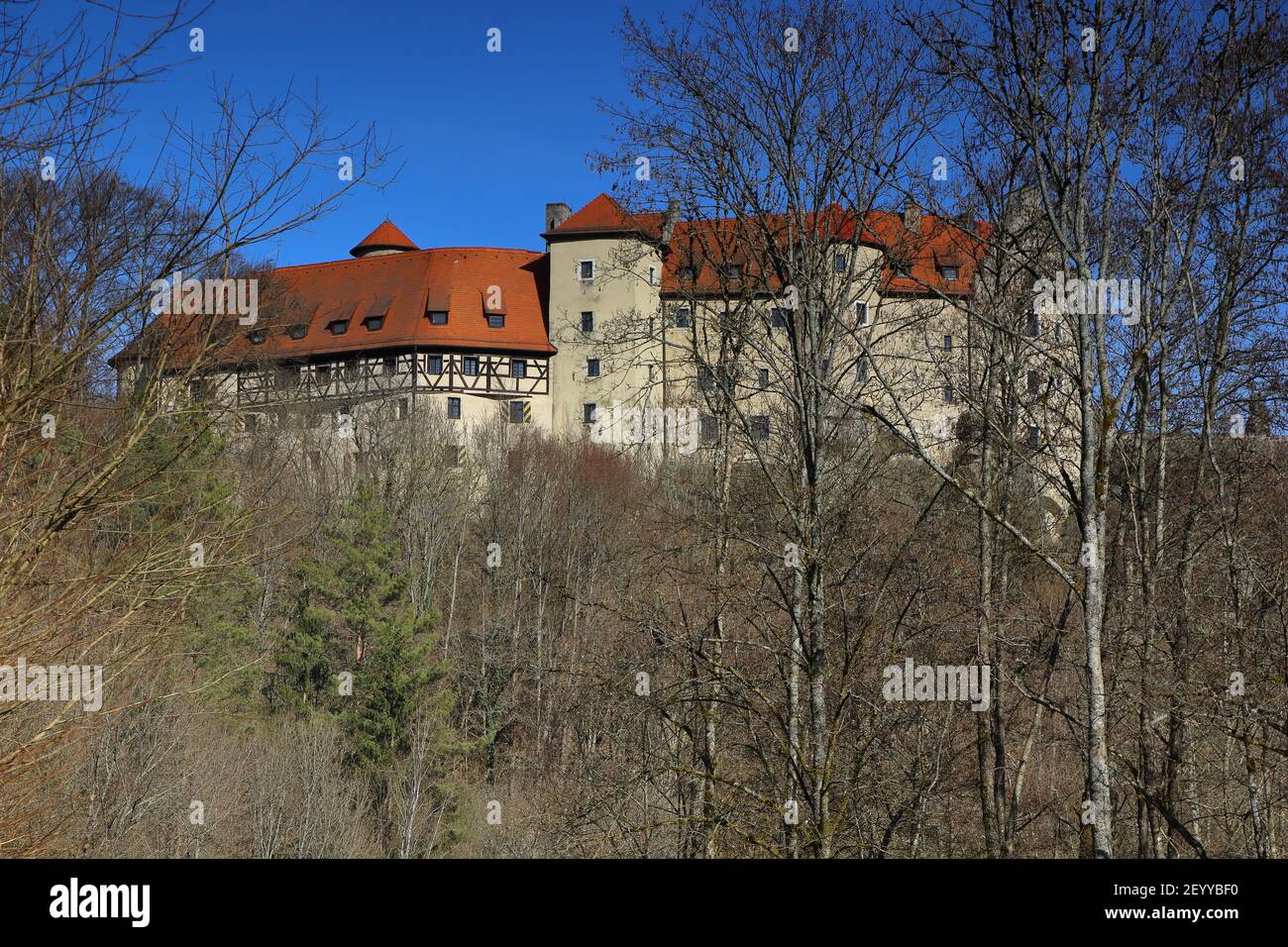 castle of a hill behind trees Stock Photo - Alamy