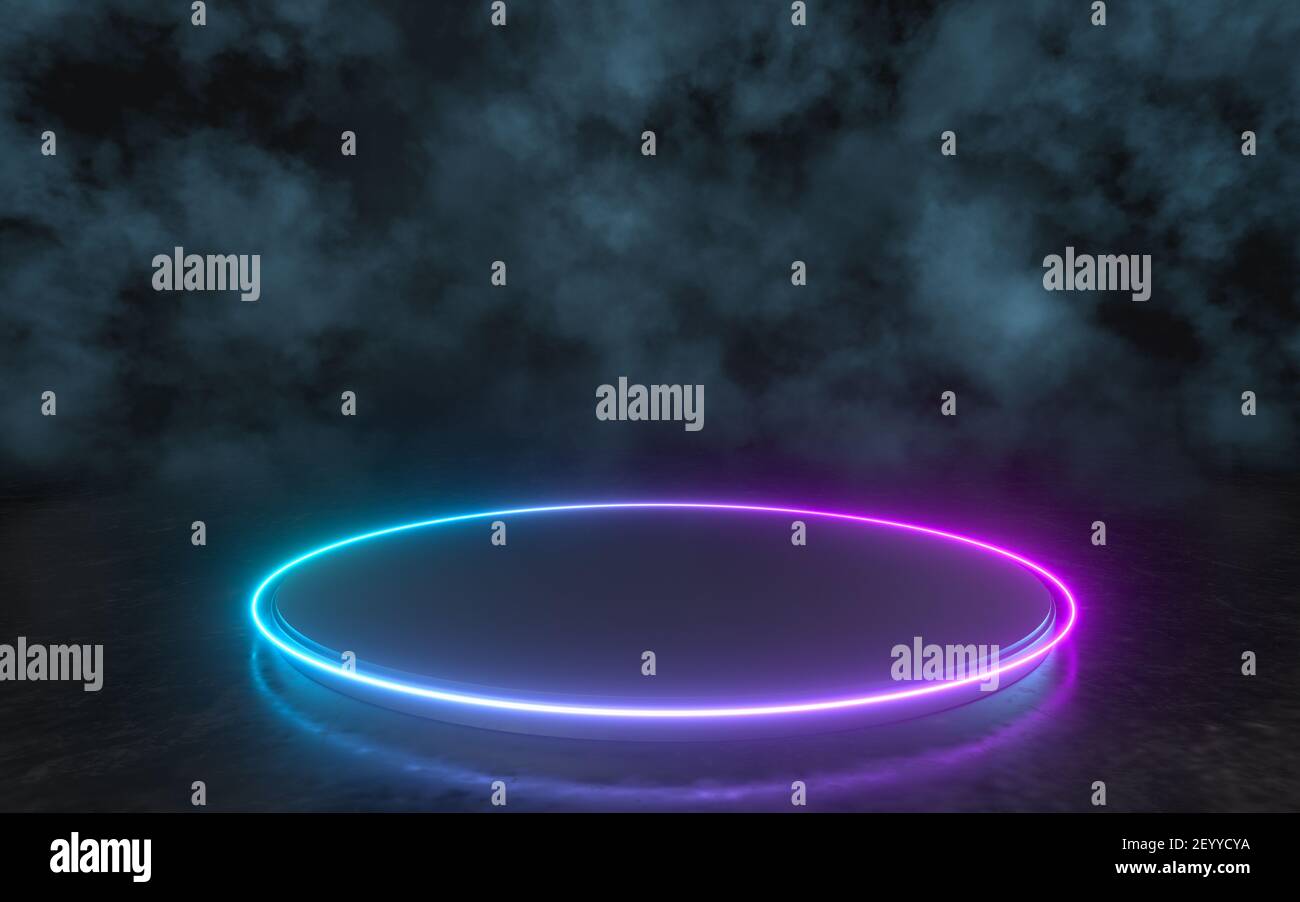 Empty round stage with glowing neon lines in the dark basement, 3d ...