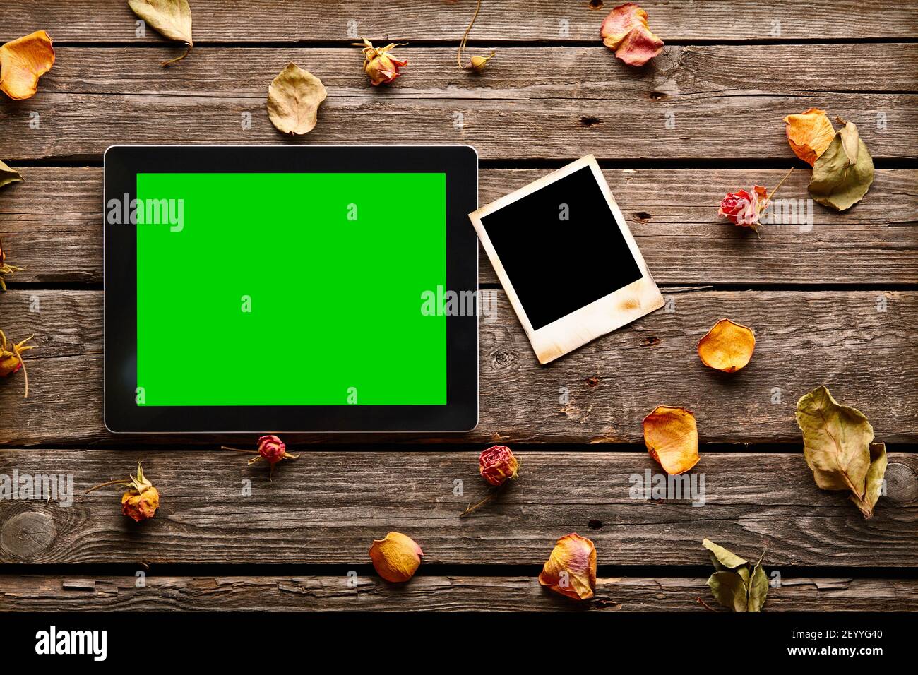 Digital tablet computer with blank instant photo Stock Photo - Alamy