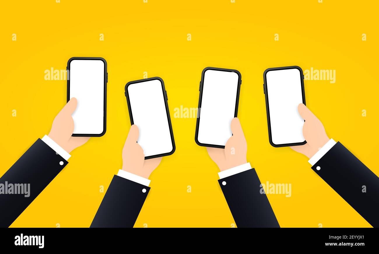 Hands holdings smartphones in hands illustration. Blank screen. Vector ...