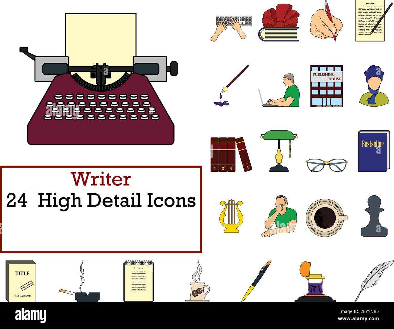Writer Icon Set. Flat Color Outline Design With Editable Stroke. Vector ...