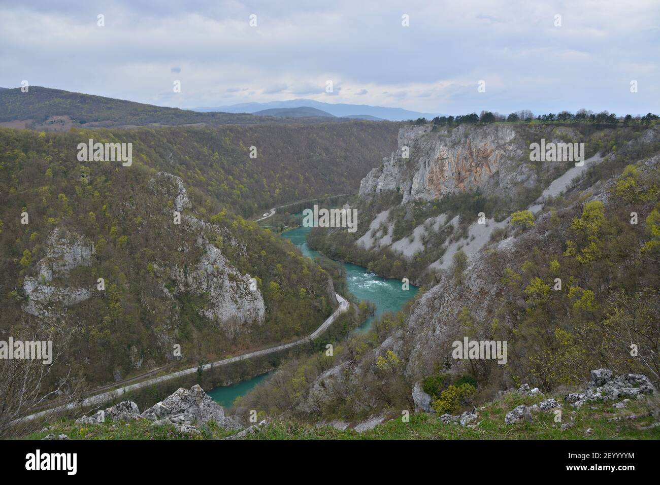 A stunning aerial view of Una river in the canyon in Bosnia and ...