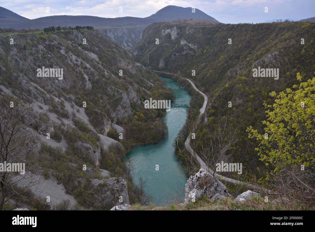 A breathtaking aerial view of Una river in the canyon in Bosnia and ...