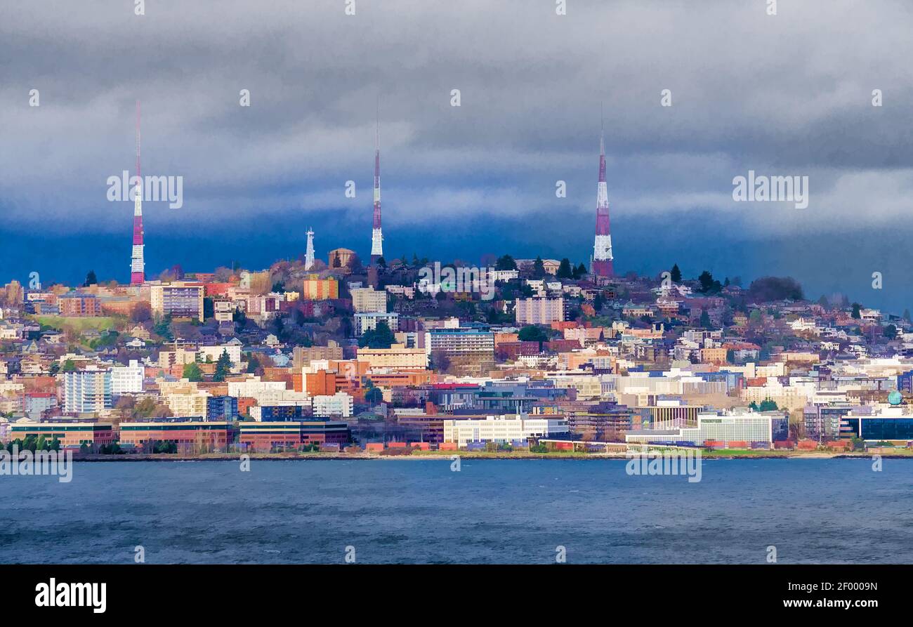 An illustration of Queen Anne hill in Seattle, Washington Stock Photo ...