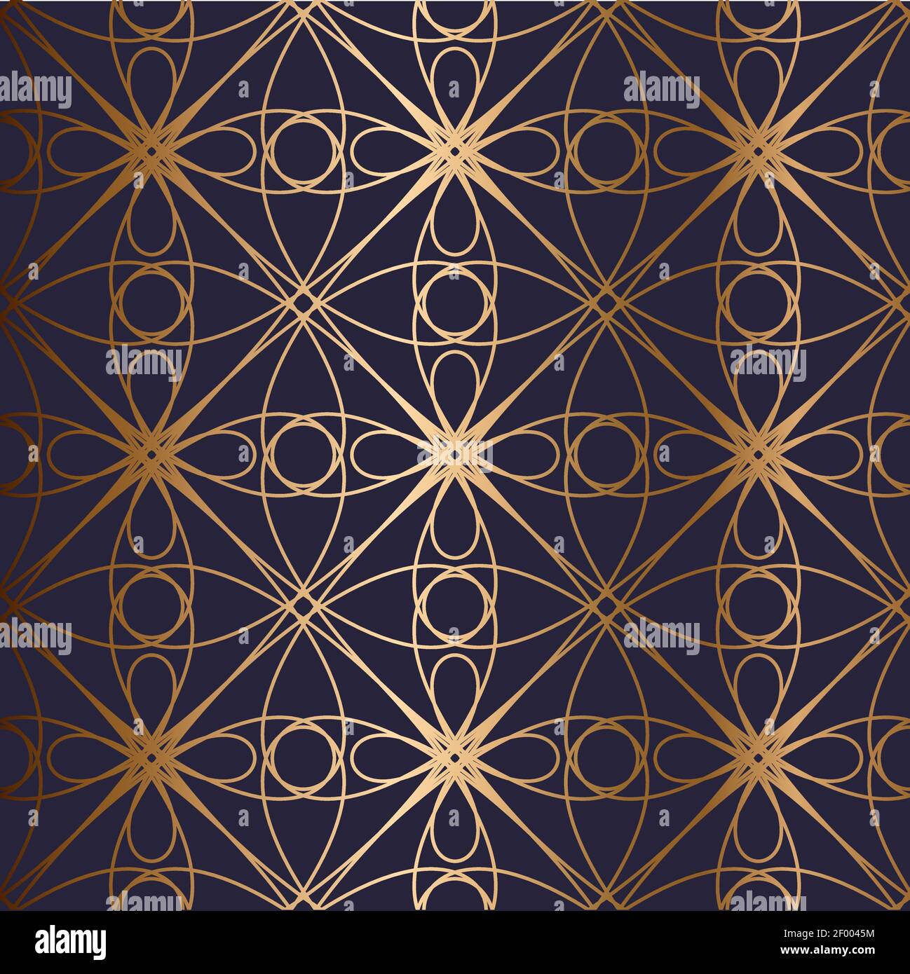 Abstract vector ornamental seamless golden pattern. Blue background ...