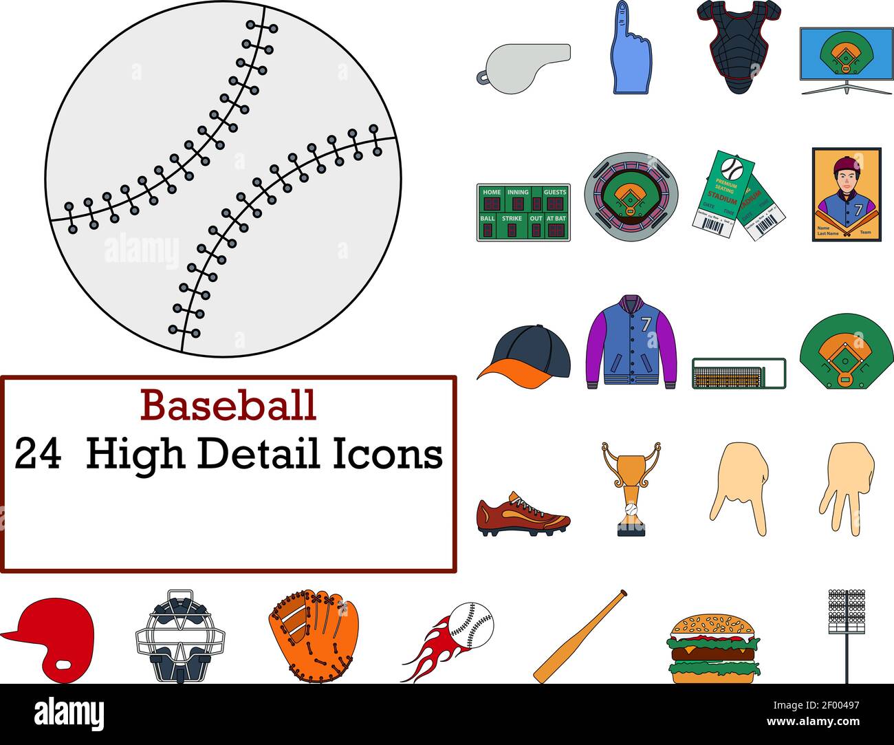 Baseball Icon Set. Flat Color Outline Design With Editable Stroke ...