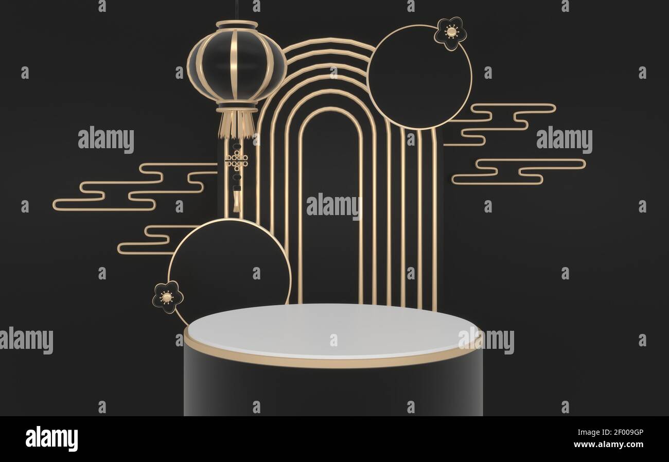 Abstract podium black gold concept and decoration japanese style. 3D ...