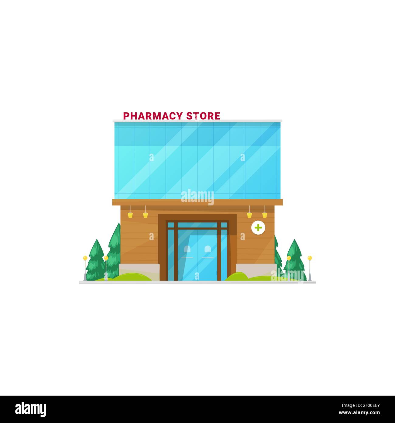 Pharmacy store facade, entrance, pine trees and lamps. Vector modern ...