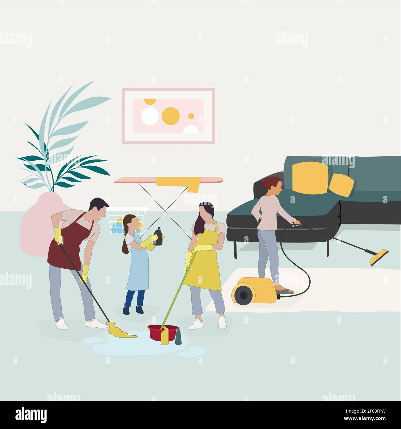 Family clean room together, father mother and kid wipe dust, vacuuming ...