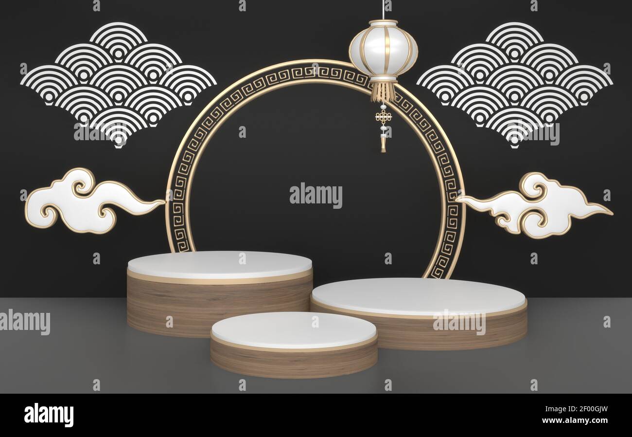 wooden podium black gold concept and decoration japanese style. 3D ...