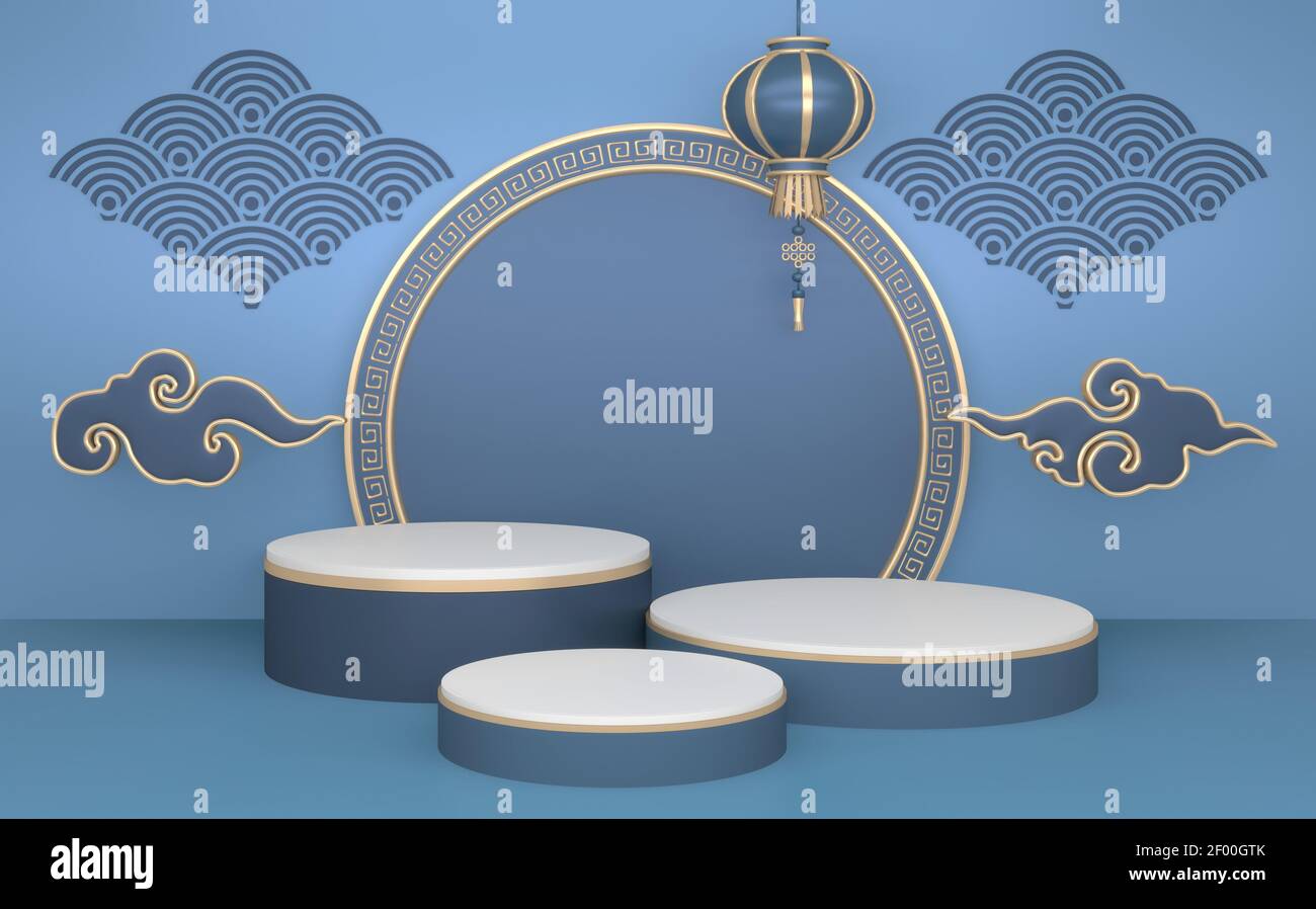 Blue Podium,minimal podium geometric and decoration color japanese tone ...