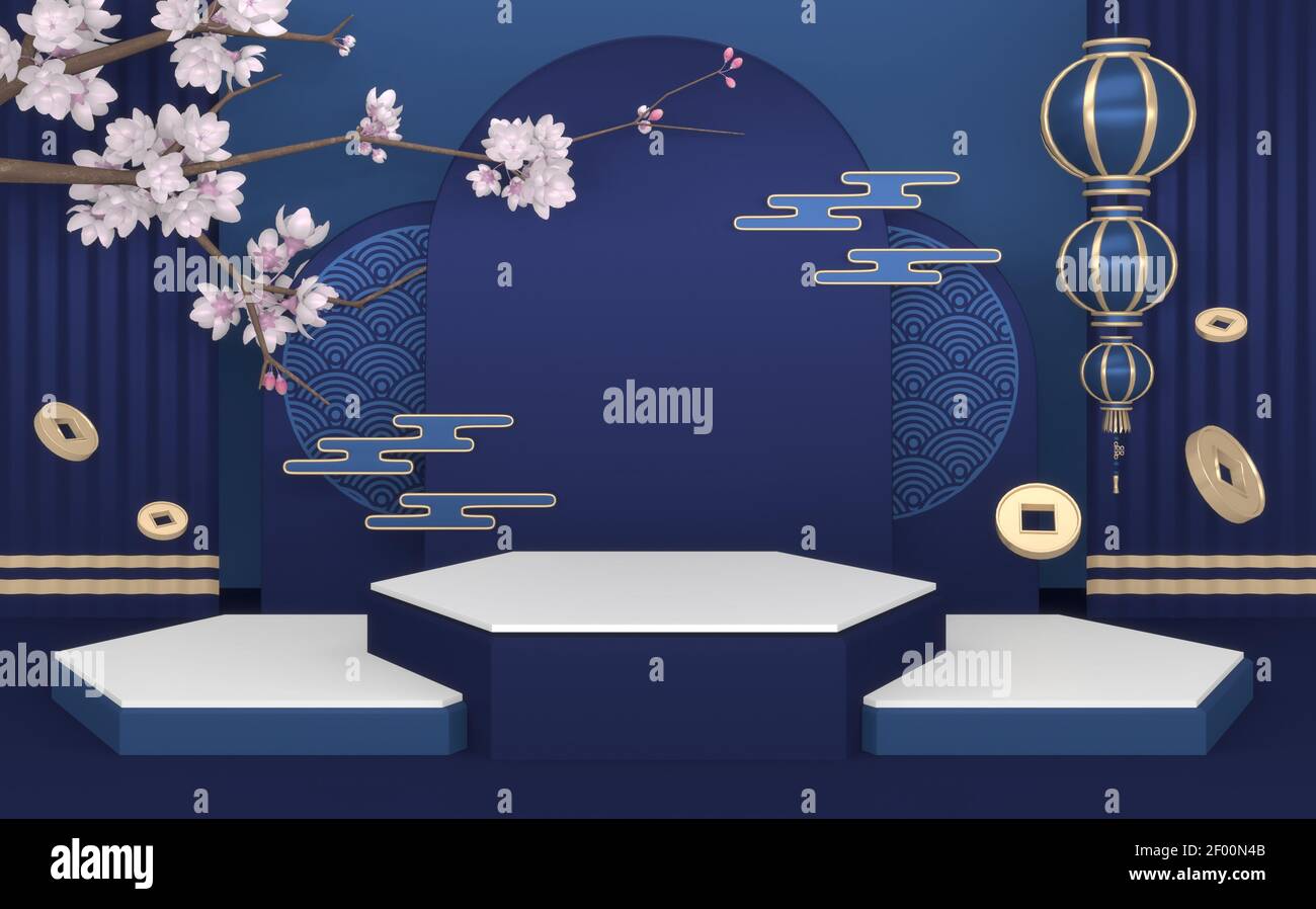 Blue Podium,minimal podium geometric and decoration color japanese tone ...