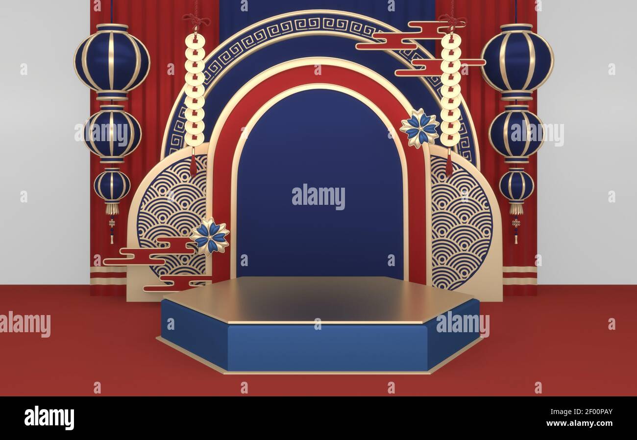 Blue Podium,minimal podium geometric and decoration color japanese tone ...