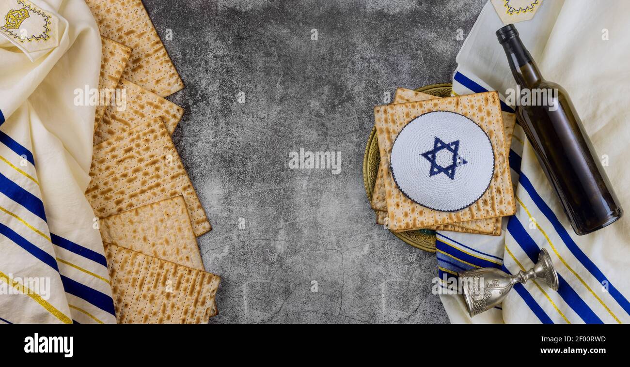 Orthodox Jewish prepared with cup wine kosher matzah on traditional ...