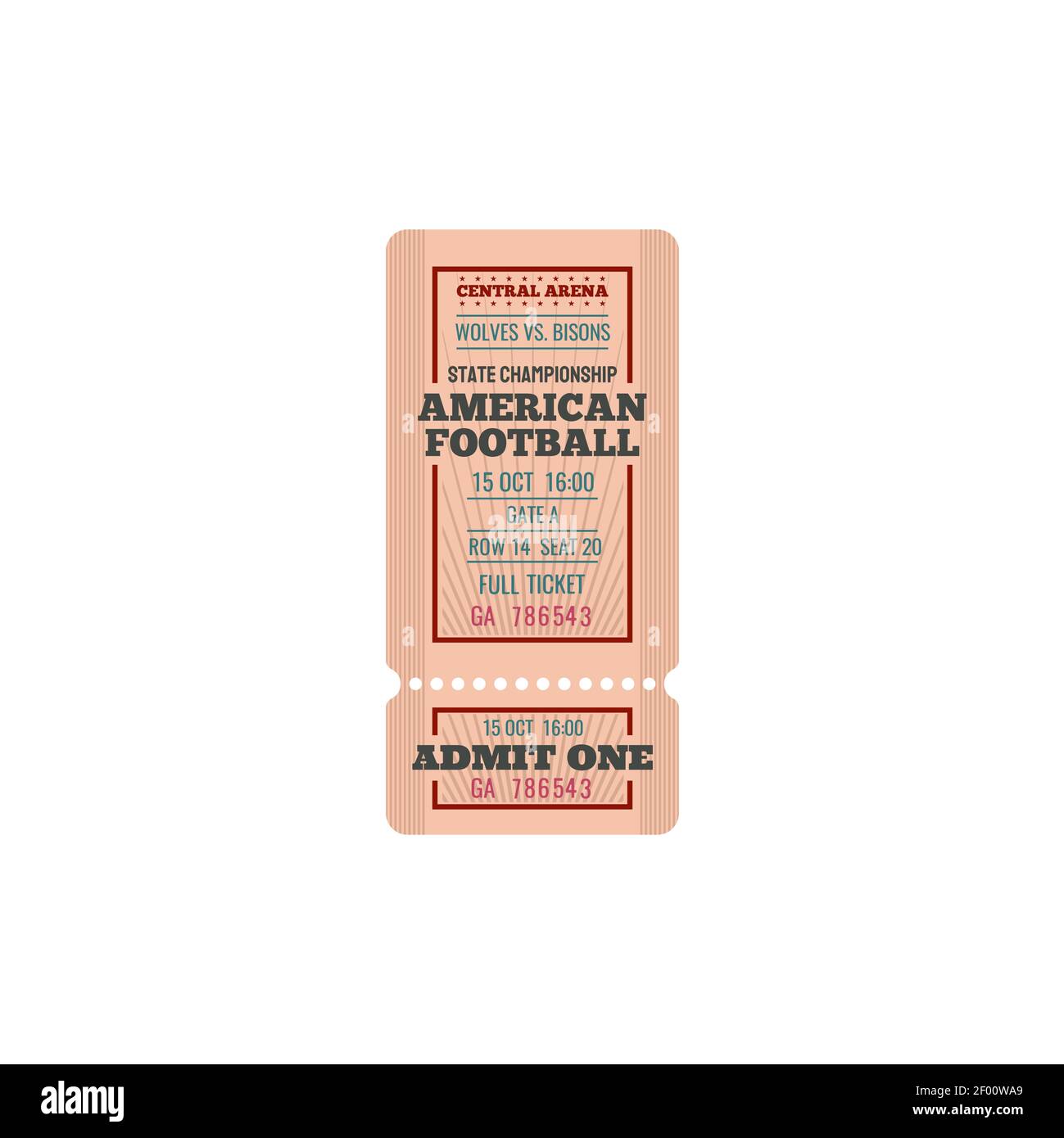 American football game retro ticket isolated vector icon. Competition ...