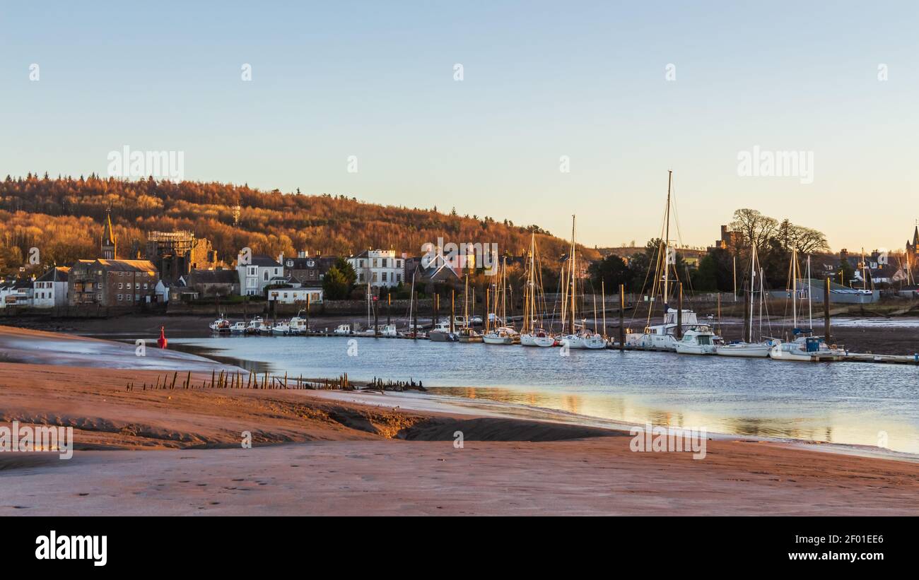 Landscape of Kirkcudbright and the River Dee estuary at sunset ...