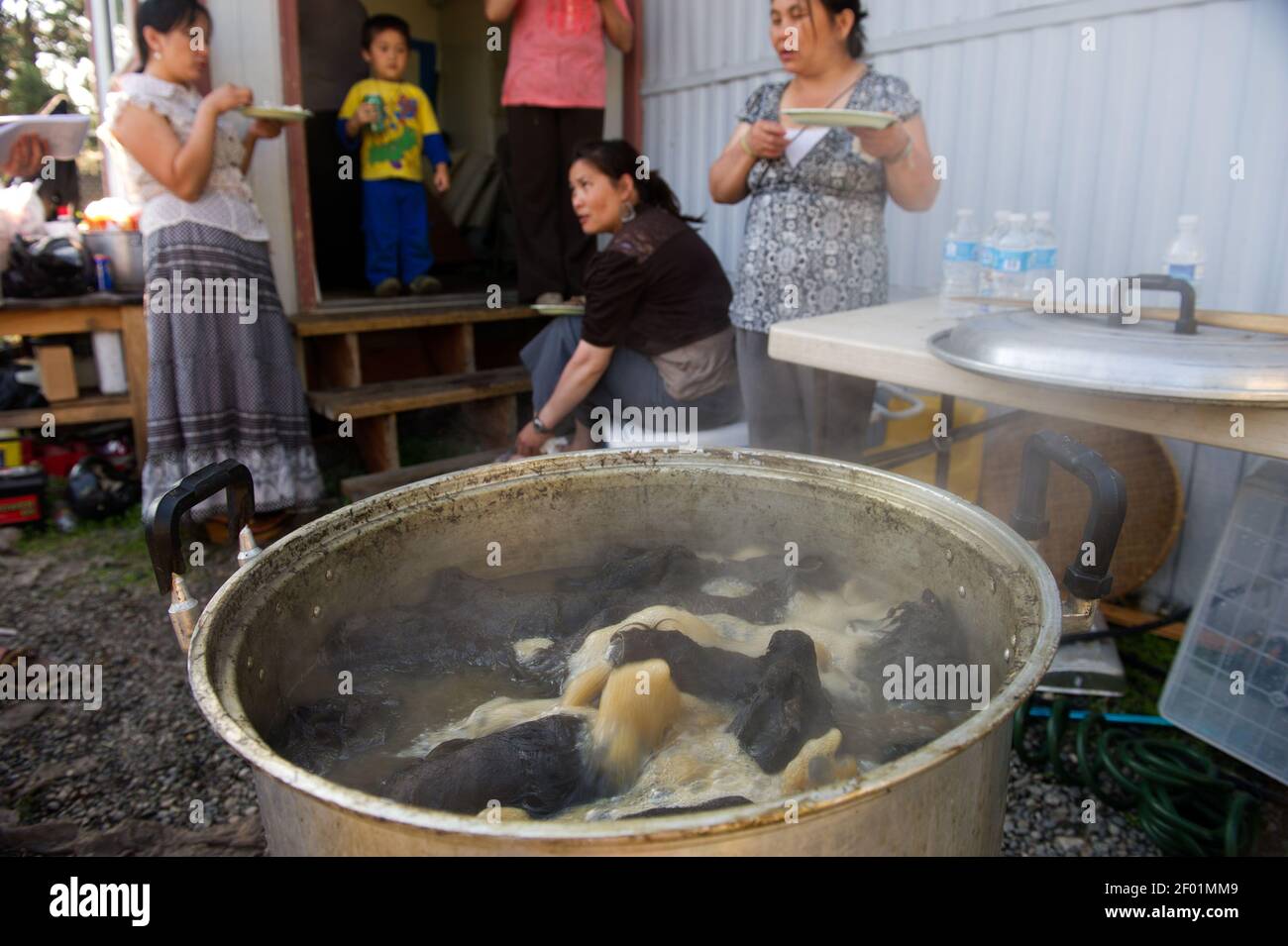 Family and friends gather around cowhide boiling in a pot on the second ...