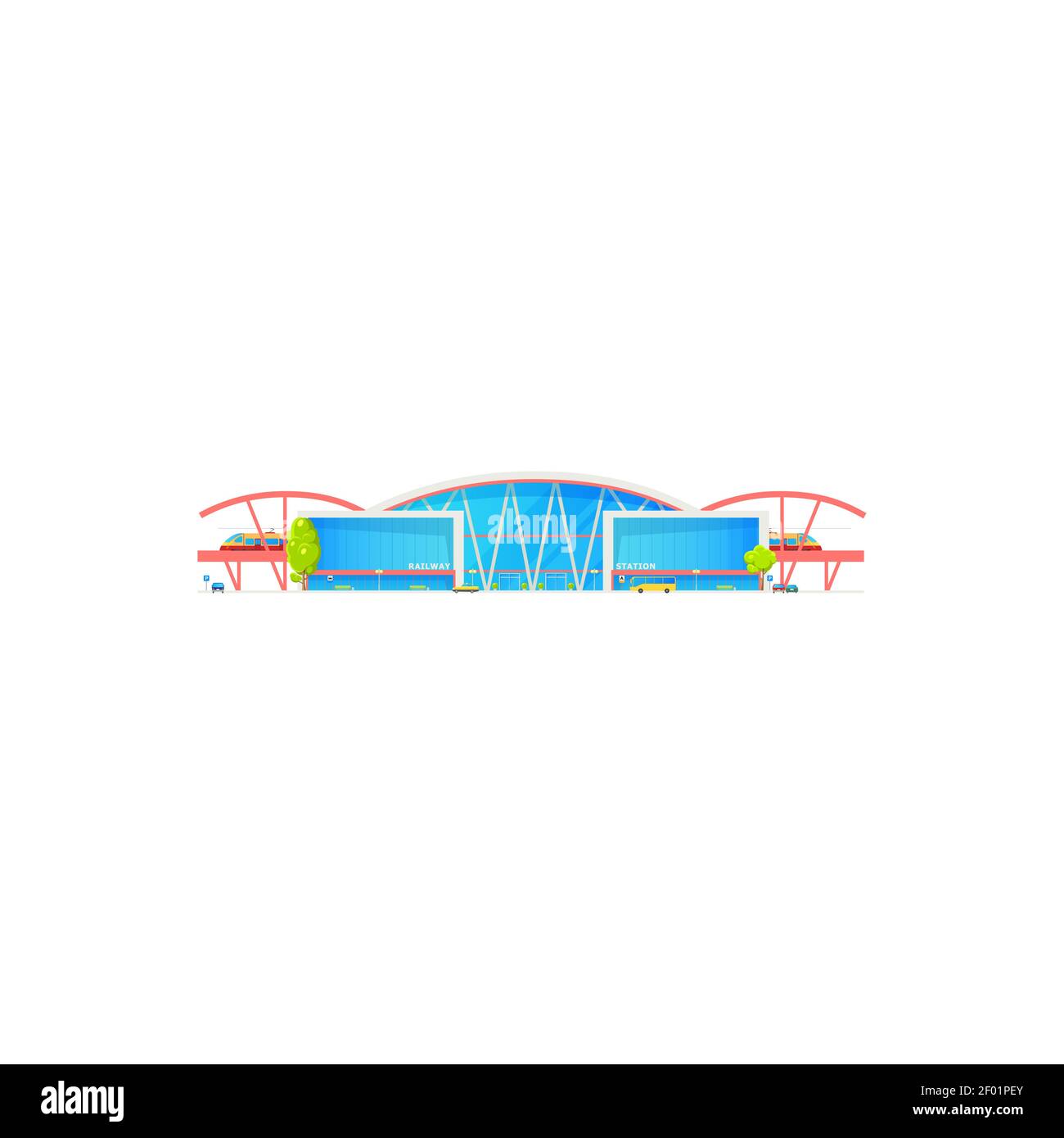 Railway station terminal with trains on platform. Vector building of ...