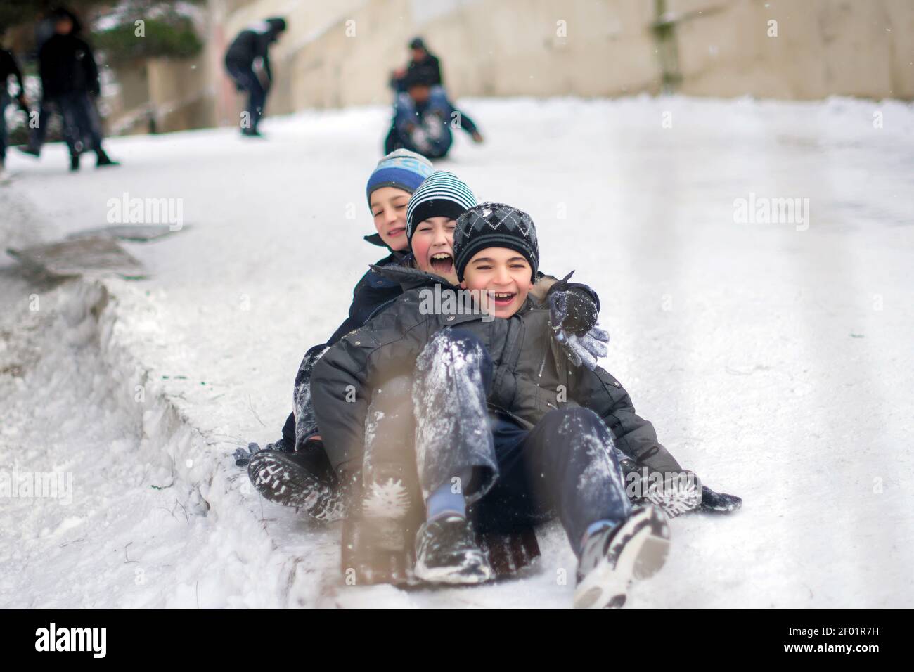Baku, Azerbaijan .2.02.2014. Two very happy caucasian kids playing in ...