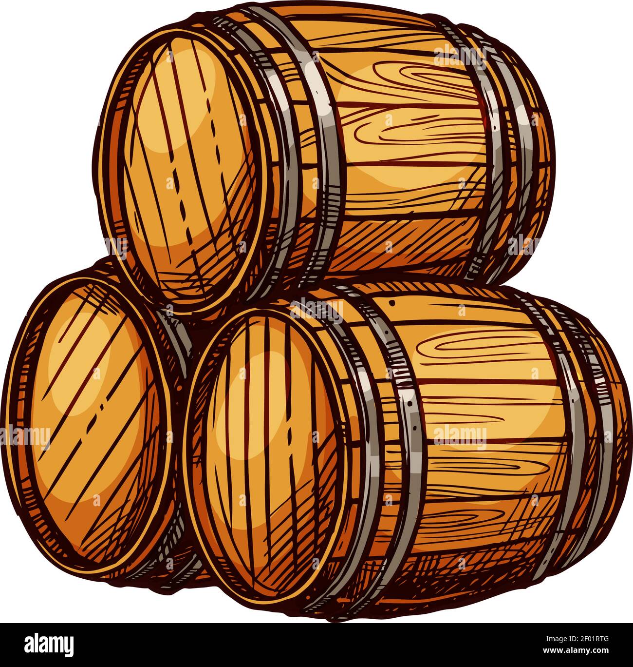 Wooden cask with alcohol drink isolated oak tanks sketch. Vector ...