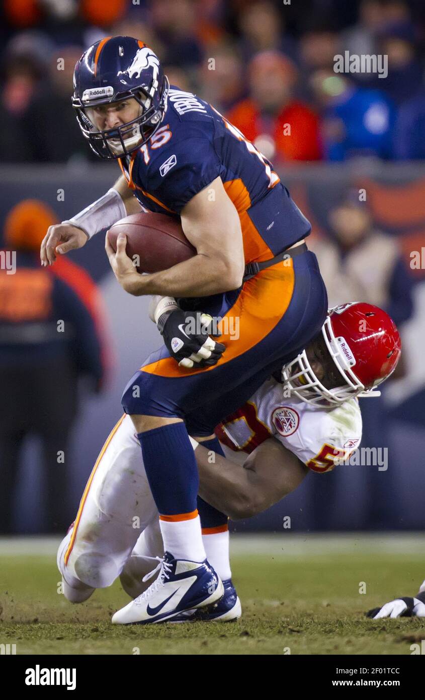 Denver Broncos quarterback Tim Tebow (15) was sacked in the fourth ...