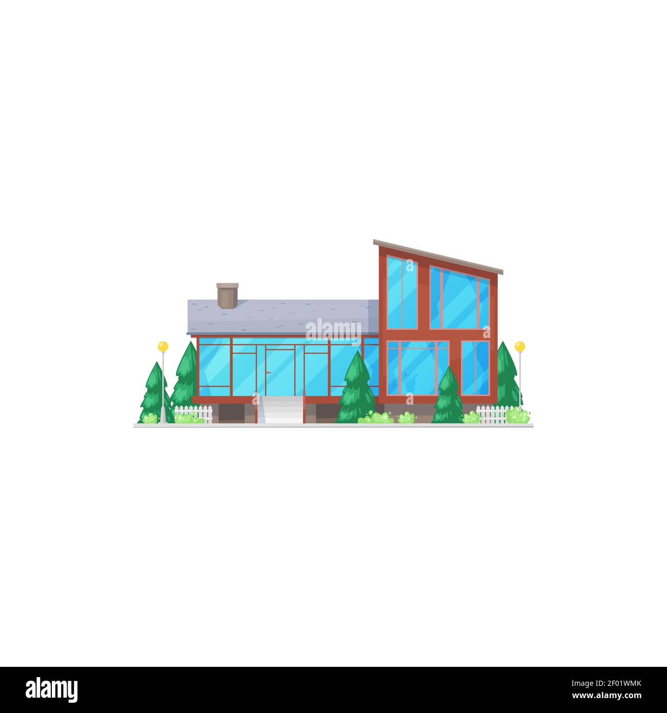 Suburban house with chimney, panoramic windows and glass door isolated ...