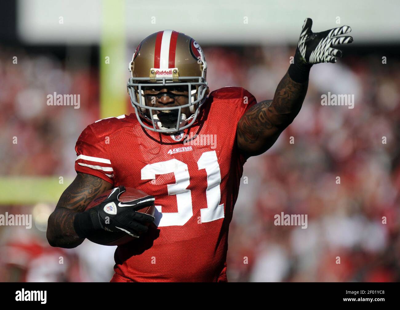 The San Francisco 49ers' Donte Whitner celebrates a fumble recovery ...