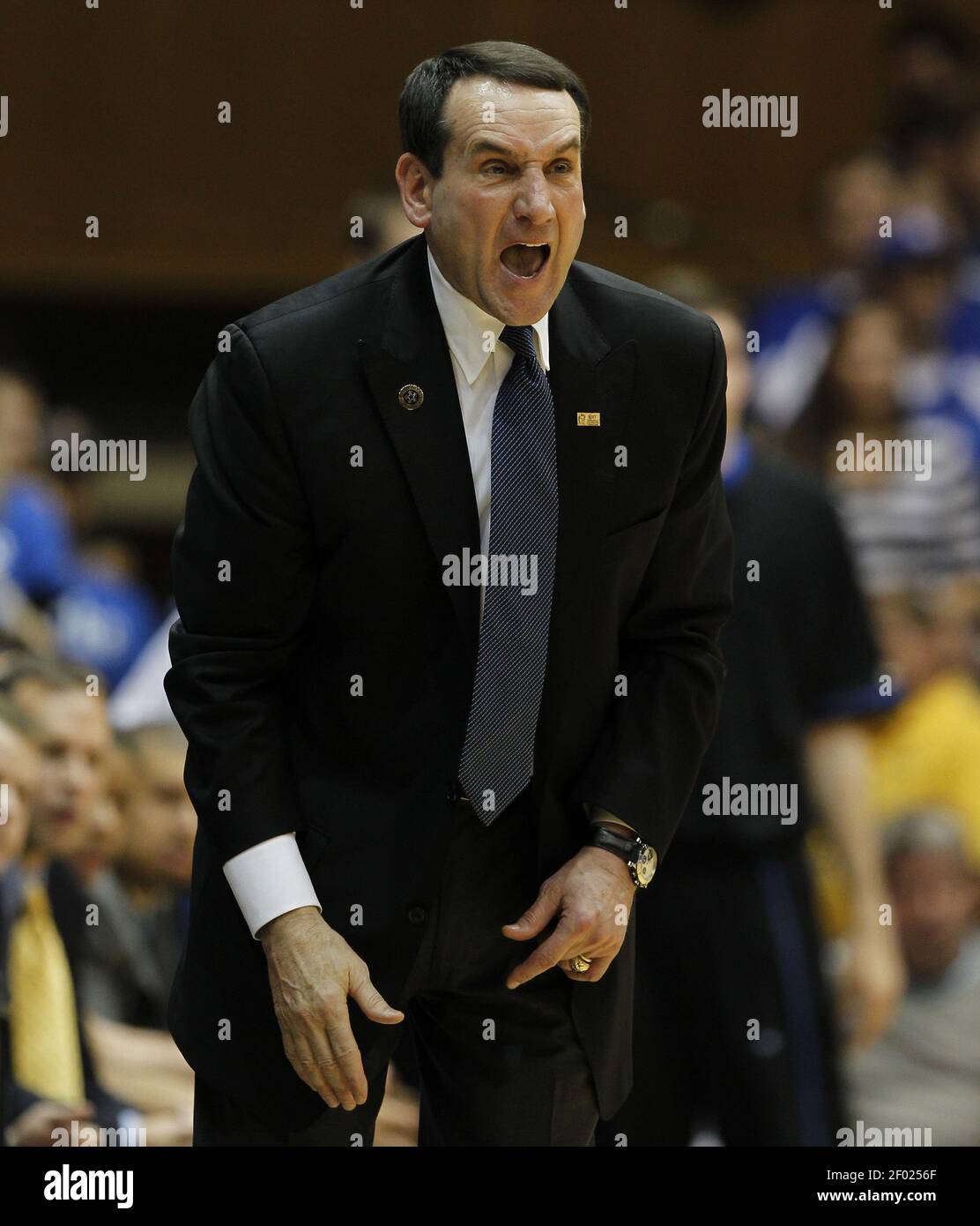 Duke head coach Mike Krzyzewski yells to get a refs attention in the ...