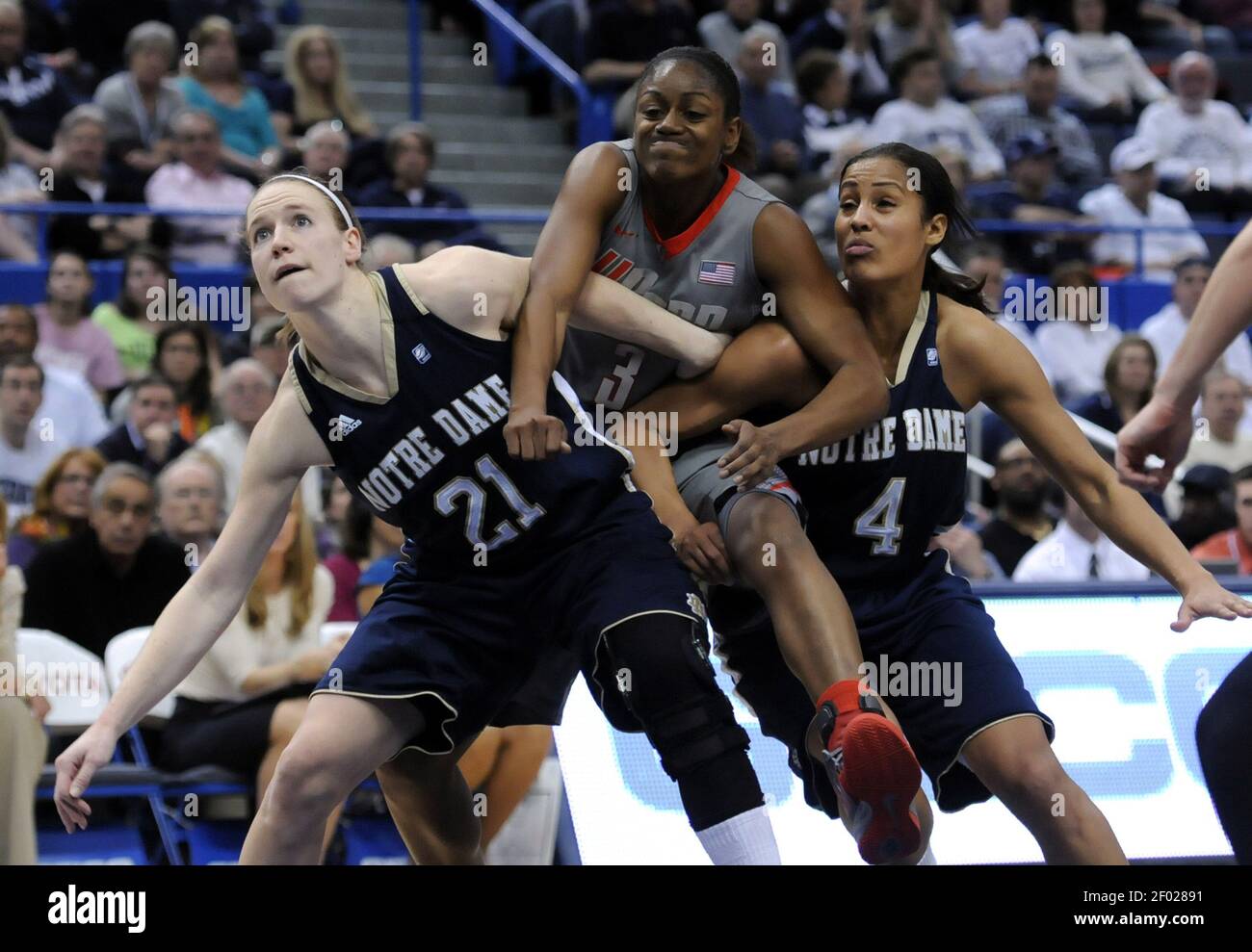 Notre Dame guards Natalie Novosel, left, and Skylar Diggins box out ...