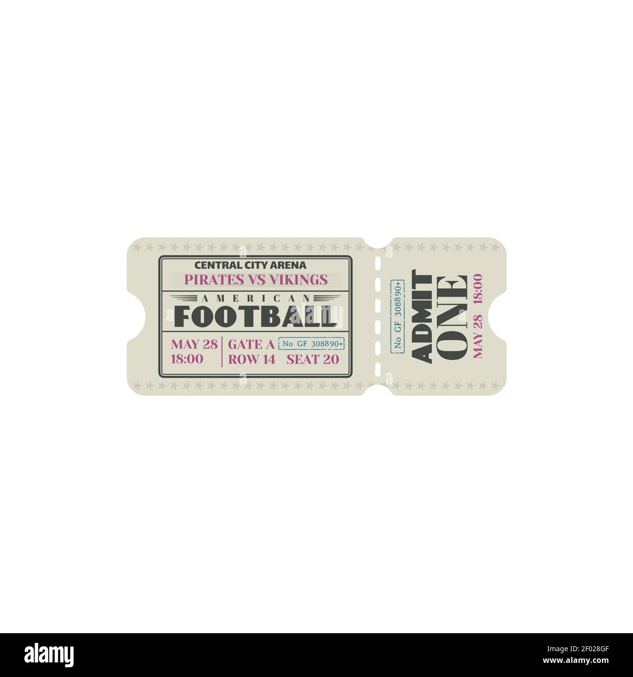 Football ticket entry on city arena isolated invitation on team game. Vector retro soccer match ...