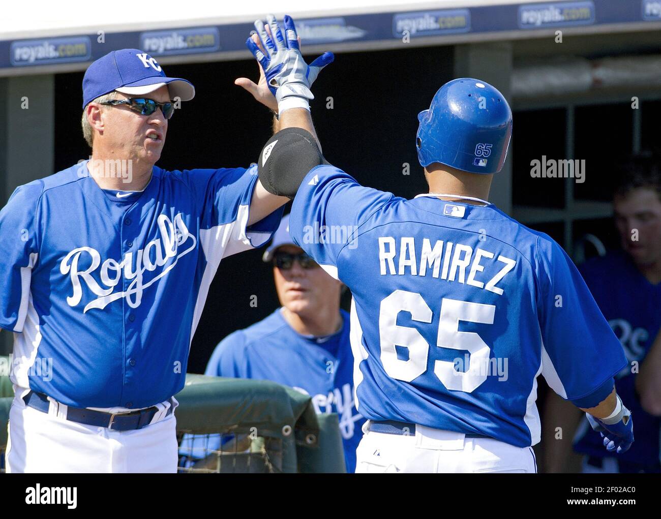 Kansas City Royals batting coach Kevin Seitzer (36) congratulates Max ...