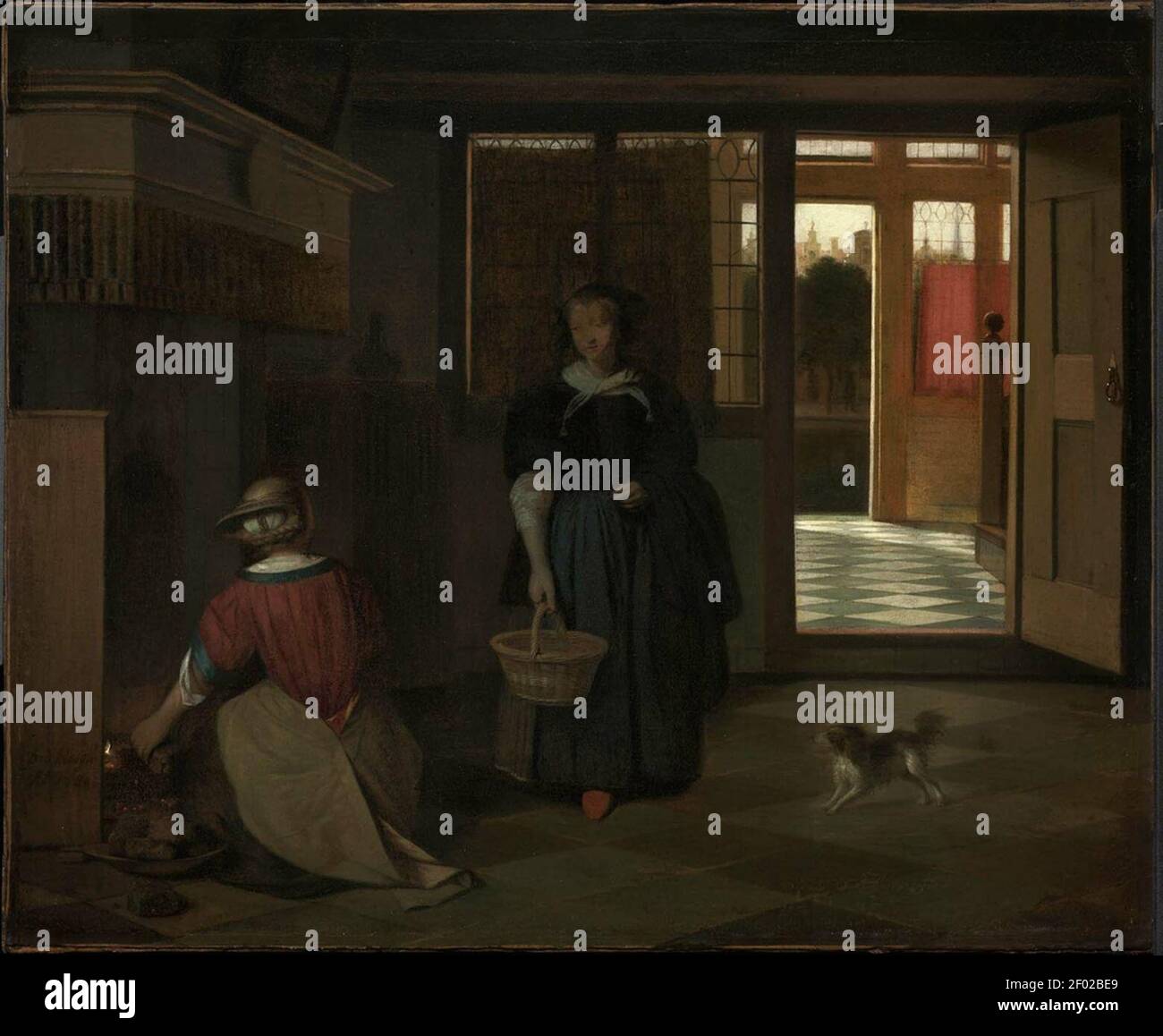 Pieter de Hooch - Interior of a Dutch house with a woman kneeling by a ...