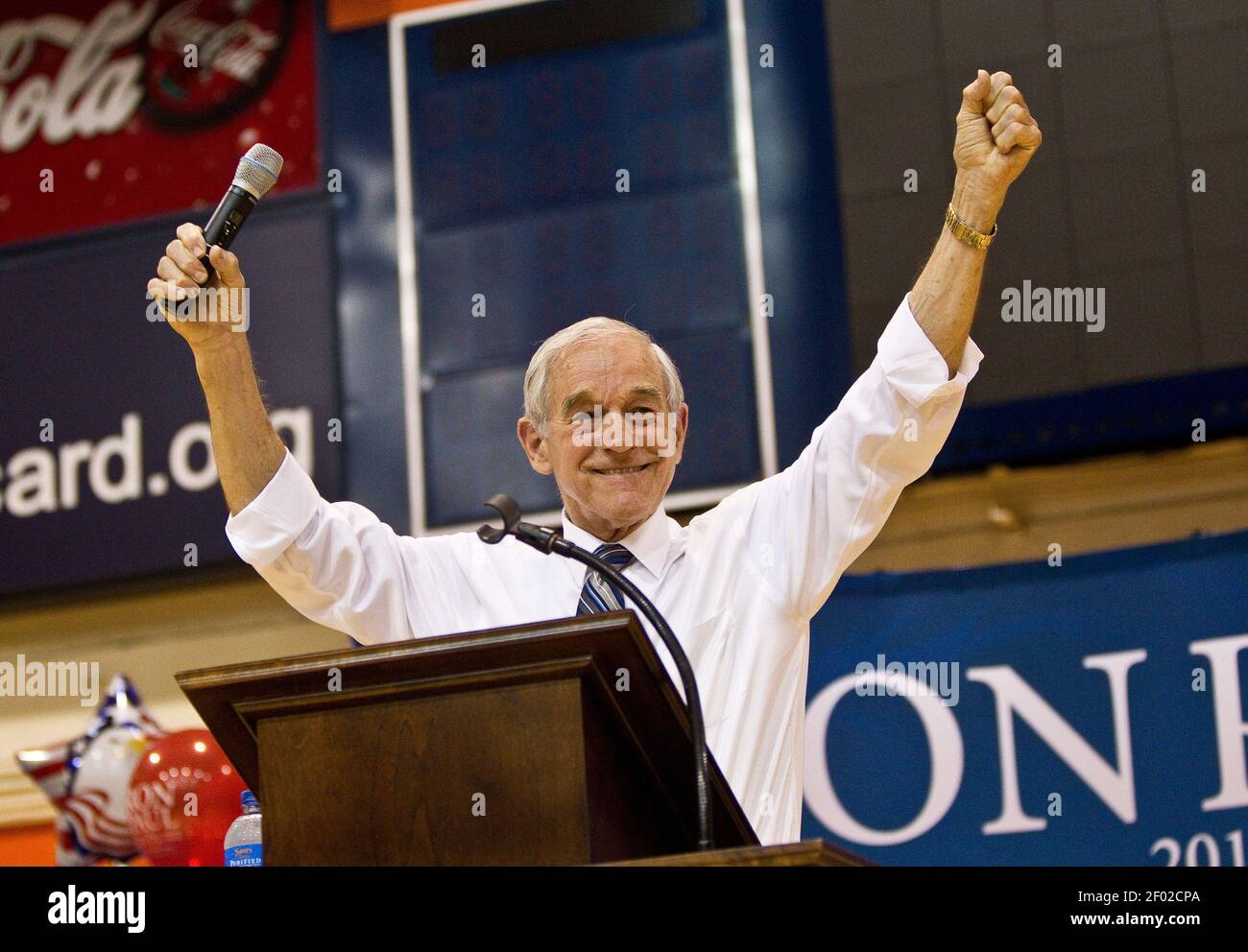 Republican presidential candidate Ron Paul talks to supporters at a ...