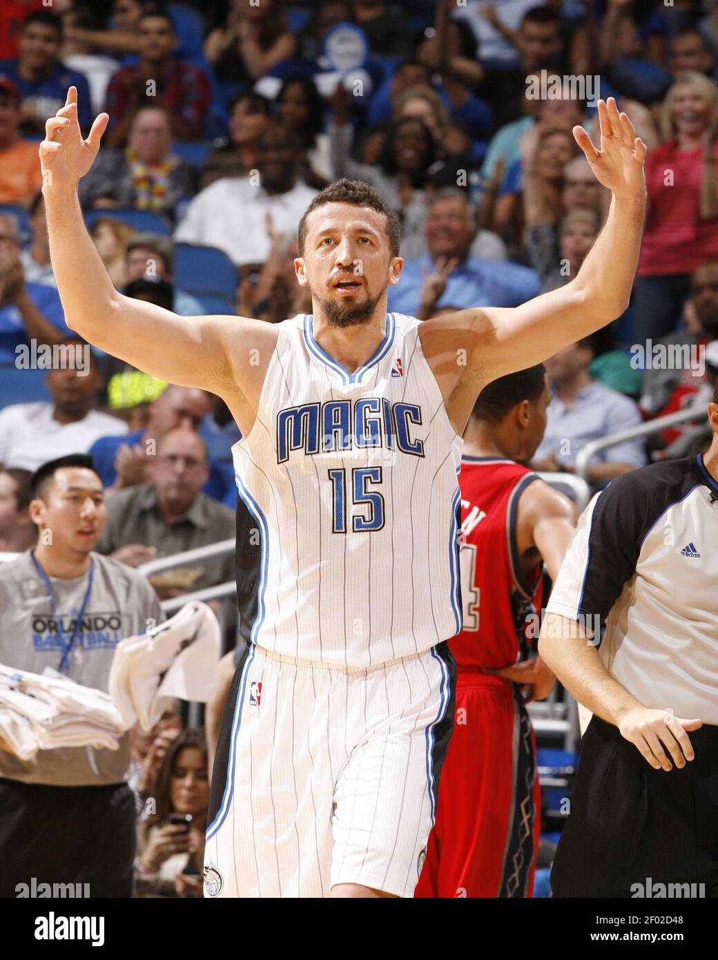 The Orlando Magic's Hedo Turkoglu (15) celebrates a three-pointer ...