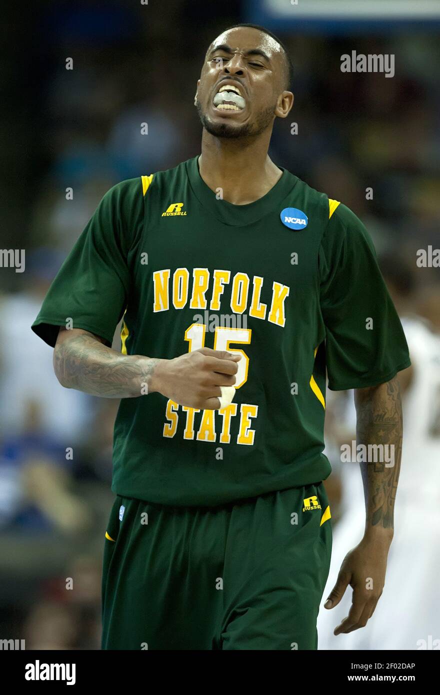 Norfolk State Spartans' Rodney McCauley (15) celebrates after a basket ...