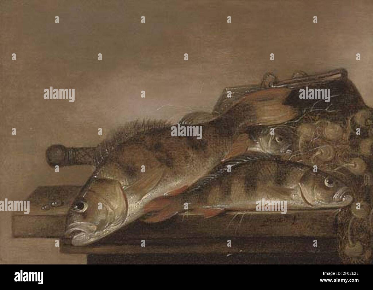 Pieter de Putter - Sea bream, a fishing basket and nets on a wooden ...