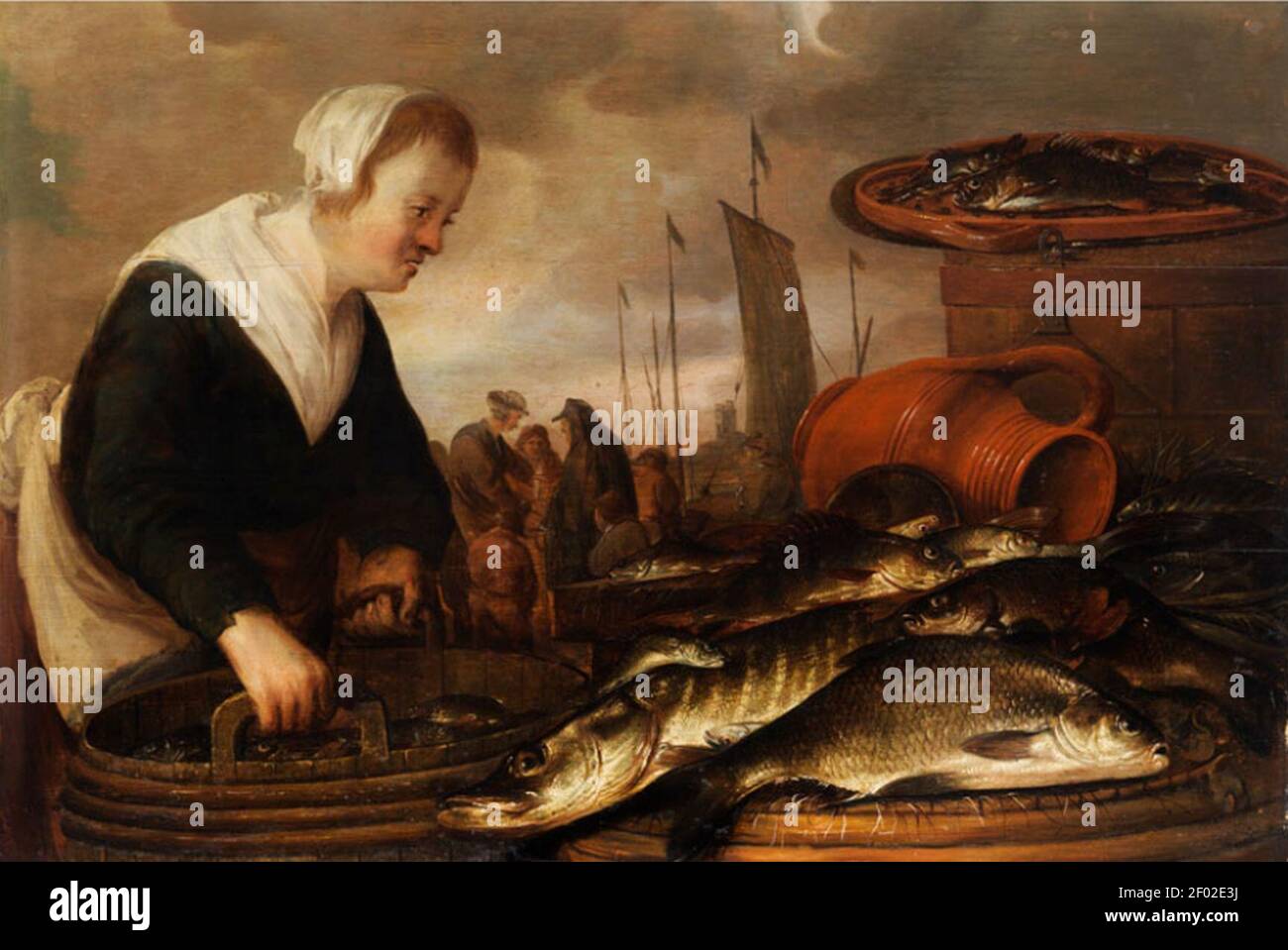 Pieter de Putter - Fisherman's wife with big fish tub and laid fish ...