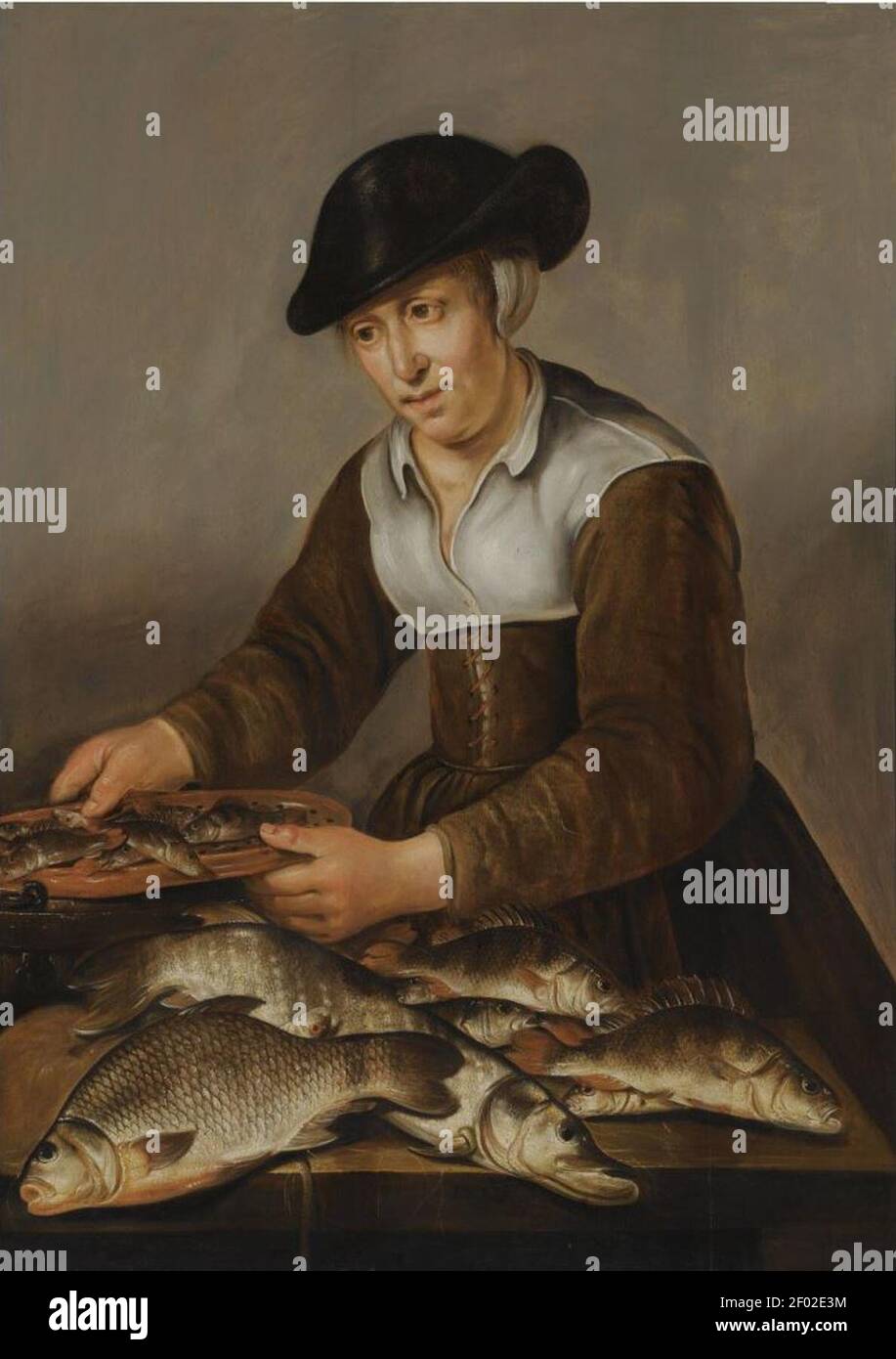 Pieter de Putter -.Fisherwoman smoking fish with freshwater fish on a ...